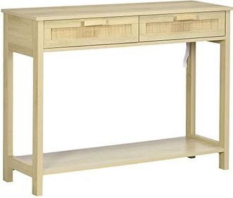 HOMCOM Console Table dappoint dim. 100L x 30l x 76H cm 2 tiroirs fa&ccedil;ades cannage en rotin &eacute;tag&egrave;re MDF Aspect Bois Clair