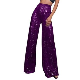 Generic Pantalon palazzo &agrave; paillettes taille haute et jambes larges pour femme, pour f&ecirc;te, discoth&egrave;que, f&ecirc;te, pantalon &eacute;vas&eacute;, violet, XXL
