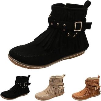 Generic Bottines de cowboy pour femme - Style boh&egrave;me - Bout rond - Fond &eacute;pais - Vintage - En daim - &Agrave; lacets - Bottines de cowboy occidentales - Chaudes - Ten