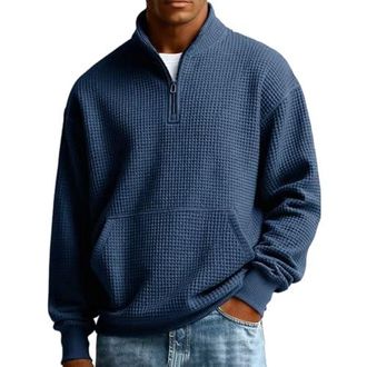 Generic Sweat-shirt gaufr&eacute; &agrave; manches longues avec fermeture &eacute;clair 1/4 pour homme, pull gaufr&eacute; d&eacute;contract&eacute; &agrave; manches longues avec poche, bleu marine, XXL