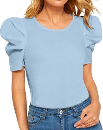 Generic Haut &agrave; manches bouffantes &agrave; manches courtes et col rond uni &eacute;l&eacute;gant et d&eacute;contract&eacute; pour le travail, le bureau, les rendez-vous, les soir&eacute;es, les vacan