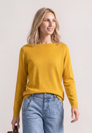 Street One Strickpullover STREET ONE, Damen, Gr. 34, gelb (saffron gelb), Stoff, 60% Viskose, 40% Baumwolle, unifarben, comfort fit normal, U-Boot-Ausschnitt, Ri