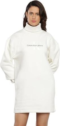 Calvin Klein Jeans Femme Robe-Pull Monologo Roll Neck Dress Manches Longues, Blanc (Ivory), L