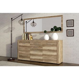 PEGANE Buffet, meuble de rangement avec miroir coloris ch&ecirc;ne vieilli -PEGANE