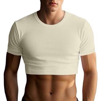 Generic T-shirt pour homme - Motif batik - Crop Tops avec col rond - &Eacute;t&eacute; - Manches courtes - Pour lentra&icirc;nement, beige, XXL