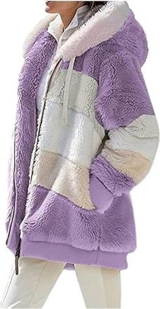 Generic Manteau rembourré en laine dagneau contrastant, veste à capuche ample et épaisse en peluche multicolore avec poches pour femmes, violet, 5XL