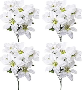 Generic Poinsettia Artificiel buissons 4 Pack 7 t&ecirc;tes Fleurs de No&euml;l en Soie Poinsettia Bouquet Artificiel Poinsettias Fleurs pour No&euml;l Blanc