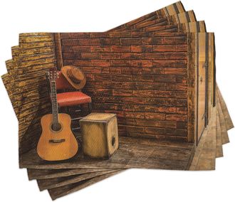Abakuhaus Musik Platzmatten, Musikinstrumente Gitarre und Cajun auf hölzernen Bühne in der Kneipe Gesang Foto, Waschbare Stoff Esszimmer Küche Tischdekorations 