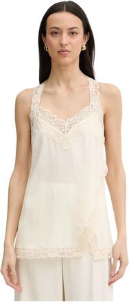 Pinko Pinko, Femme, Tops, Beige, Taille: 40 FR Top en soie &agrave; bordure en dentelle
