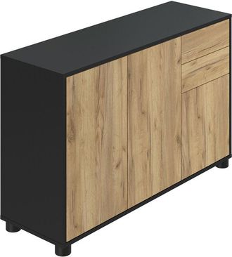 PEGANE Buffet, Commode avec 3 Portes et 2 tiroirs, Noir Mat/Ch&ecirc;ne nature - Longueur 117 x Hauteur 74 x Profondeur 37.5 cm Pegane