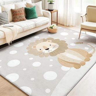 Generic Tapis &agrave; Motif Adorable Lion De Dessin Anim&eacute; Grand Antid&eacute;rapant &agrave; Poils Courts Doux Chambre Poil Ras de Sol Gris Blanc, 140 x 200 cm