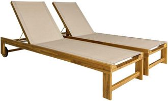 Sweeek Lot de 2 bains de soleil en bois dacacia et textil&egrave;ne beige. multi positions avec roulettes