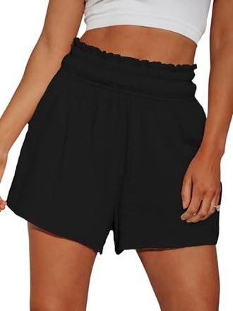 Cupshe Short taille haute pour femme - Taille élastique - Jambes larges - Coton dété - Plage - Pantalon de jogging - Short de sport, Noir, XS