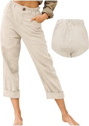 Generic Pantalon Large en Lin Femme Fluide Ample Pantalon Femme Taille &Eacute;lastique en Lin D&eacute;contract&eacute; avec Poche Leger Vetement Ete Baggy Ensemble (Beige M)