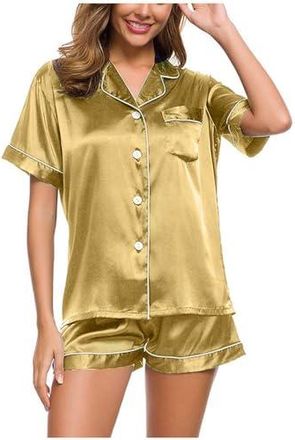 Generic Ensemble de pyjama en satin pour femme - Ensemble de pyjama en satin de soie pour femme - Ensemble de pyjama boutonn&eacute; - Ensemble de v&ecirc;tements de d&eacute;ten