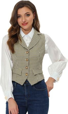 Allegra K Damen Weste Elegant Vintage Karierte Anzugweste Einreihig Reverskragen &Auml;rmellos Westen Braun 3XL
