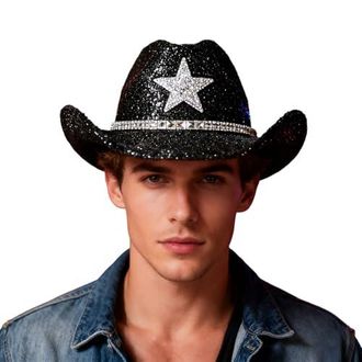 Generic Chapeau de cowboy &agrave; paillettes pour homme et femme - Chapeau de cowgirl classique &agrave; paillettes - Chapeau Fedora &agrave; large bord doux pour f&ecirc;te &agrave; th&egrave;me, a