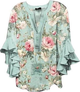 Generic T-shirt pour femme - Col en V - Manches &agrave; volants - Imprim&eacute; floral - L&eacute;ger et respirant - Haut fluide - D&eacute;contract&eacute; - T-shirt de loisirs pour femme, v