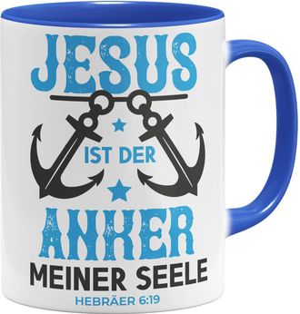 OM3 Jesus ist der Anker meiner Seele Kaffee-Tasse II Hebräer 6:19 - Keramik Becher - 325ml - Beidseitig Bedruckt - Blau