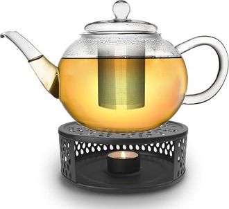 Creano Th&eacute;i&egrave;re en Verre de 1,6 l + r&eacute;chaud Noir en Acier Inoxydable - Th&eacute;i&egrave;re en Verre avec Filtre en Acier Inoxydable et Couvercle - Id&eacute;ale pour la pr&eacute;parat