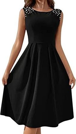 Generic Robe amincissante sans manches pour femme - Couleur unie - Col rond - Perles, Noir, M