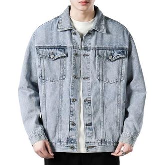 Generic Veste en jean pour homme, veste en jean &agrave; poches multiples, m&eacute;lange de coton, lavable machine, v&ecirc;tement dext&eacute;rieur d&eacute;contract&eacute;, bleu clair, taille S