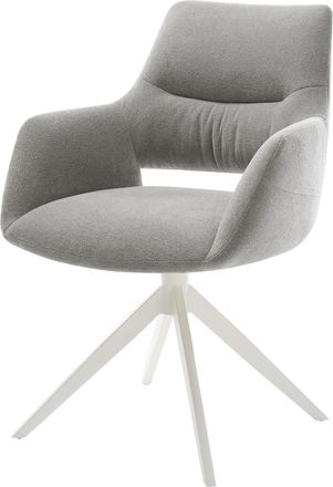 DELIFE Esszimmerstuhl Yago-Flex mit Armlehnen Kreuzgestell breit Wei&szlig; Strukturstoff Soft Grau 360&deg; drehbar Wippfunktion Taschenfederkern