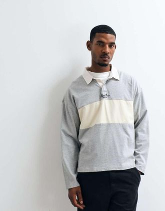Cotton On Box-Fit Langarm-Polo in Grau meliert