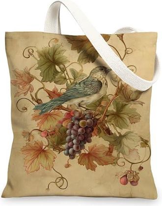 Generic Sac fourre-tout vintage en toile artistique, motif floral et oiseau, sacs de courses réutilisables, légers et lavables pour les voyages, beige, 13x15 