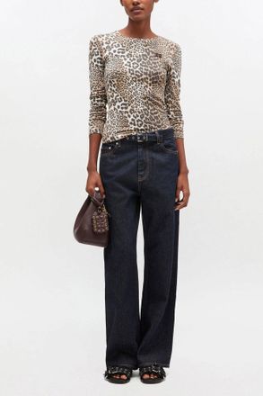 Ganni gemischt Ripp-Langarmshirt mit Leopardenmuster Bio-Baumwolle - Gr&ouml;&szlig;e XXS