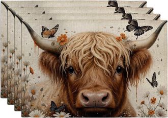 Generic Highland Cow Platzsets, rustikale Blumen- und Schmetterlings-Platzsets f&uuml;r Esstisch, Fr&uuml;hling, Sommer, rutschfest, waschbar, f&uuml;r drinnen und drau&szlig;en, 