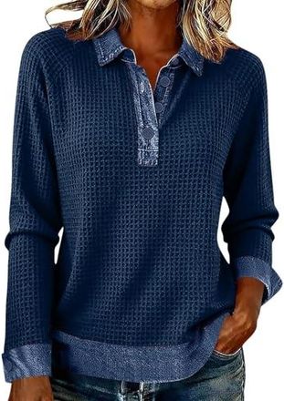 Generic Pull patchwork en denim pour femme - Pull vintage en tricot gaufr&eacute; avec col boutonn&eacute; - Haut d&eacute;contract&eacute; en tricot gaufr&eacute; pour femme, noir fonc&eacute;, XXL