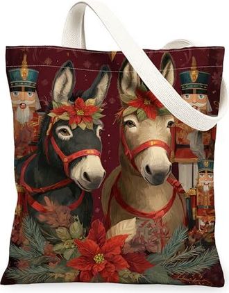 Generic Sacs fourre-tout en toile motif &acirc;ne de No&euml;l, sacs r&eacute;utilisables &agrave; motif animal festif, sacs dhiver vintage floraux, l&eacute;gers et lavables, Rouge, 13x15 I