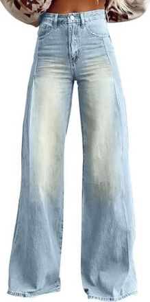Generic Jean pour femme - Jambes larges - Taille haute - Confortable et l&eacute;ger - Couleur unie - En tissu - Long - D&eacute;contract&eacute; - Y2K - Streetwear Baggy - &Eacute;l&eacute;gan