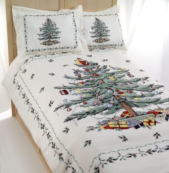 Spode Bettw&auml;sche-Set f&uuml;r King-Size-Bett, 3-teiliges Bettw&auml;sche-Set mit passenden Kissenbez&uuml;gen, Urlaubszimmer-Dekoration, Weihnachtsbaum, Elfenbein, Kingsiz