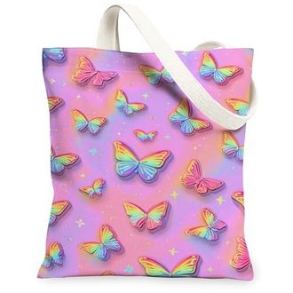 Generic Sacs fourre-tout en toile avec motif papillon, sacs à provisions réutilisables, légers et lavables, pêche, 13x15 Inch