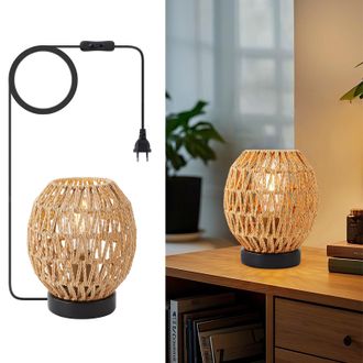 Wilon Tischlampe Vintage, Rattan Lampenschirm, Kleine Tischlampe mit Stecker, E27 Schreibtischlampe Retro, Nachtlicht Lampe, Handgewebte Lampenschirme f&uuml;r S