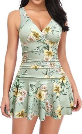 SHEKINI Maillot de Bain Une Pi&egrave;ce Femme avec Jupette D&eacute;collet&eacute; Profond en V Maillot de Bain 1 Pi&egrave;ce(S, HLYH)