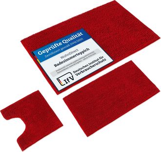 WohnDirect Badematten Set 3 teilig Rot - WC Vorleger (45x45cm), Badematte (50x80cm,70x120cm) - rutschfest waschbar Badezimmerteppich MIT WC-Ausschnitt