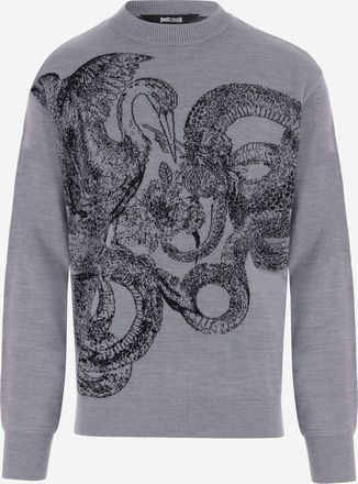 Just Cavalli Reptile-Graphic Wool-Blend Sweater - Gray