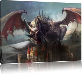 Pixxprint der Drache auf der Festung, Größe: 100x70cm, Leinwandbild, fertig gespannt, Wandbild, Dekoration, Kunstdruck, kein Poster