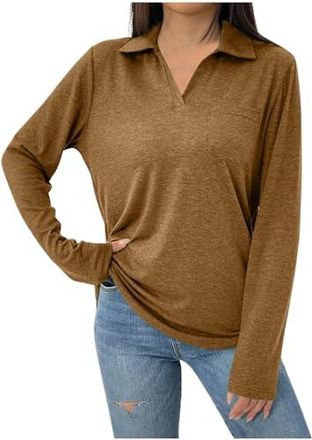 Generic Polo &agrave; Manches Longues Femme Col en V, Tee Shirt Sport Grande Taille-Tunique Chic Et &eacute;L&eacute;Gant Casual Classique Coupe Ample Chemise Quotidien pour Le Bu