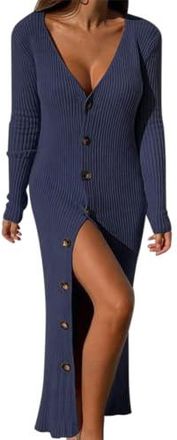 ORANDESIGNE Femme Robe Longue en Maille Cotel&eacute; Pull Hiver Tricot Sexy Robe Moulante Manche Longue Col V Robe Chemise Boutonn&eacute;e Devant Slim Fit Casual Soir&eacute;e Cockt