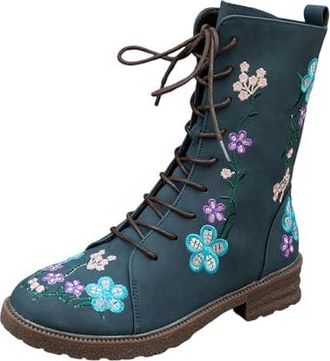 Generic Bottes &agrave; lacets pour femme - Talon bas - Style d&eacute;contract&eacute; - &Eacute;l&eacute;gantes - Bout rond - Broderie - Fermeture &eacute;clair lat&eacute;rale - Antid&eacute;rapantes - Confortab