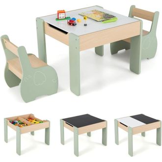 Costway Costway - 4 en 1 Table Enfants avec 2 Chaises en Forme dEl&eacute;phant, Table et Chaises en Bois avec Tableau Amovible, Espace de Rangement, Bureau pour