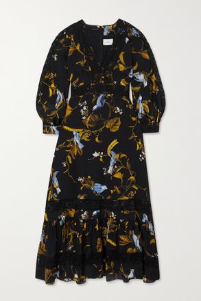 Erdem Robe Midi En Cr&ecirc;pe De Chine De Soie &Agrave; Imprim&eacute; Fleuri Et &Agrave; Finitions En Dentelle - Noir