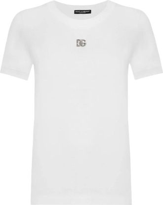 Dolce & Gabbana Femme, Tops, Blanc, Taille: 38 FR T-Shirt avec Plaque Logo