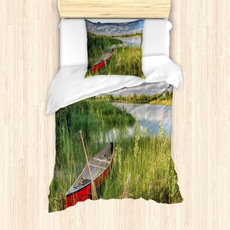 Abakuhaus See Theme Bettbezug Set für Einzelbetten, Kanu mit hölzernen Paddel, Milbensicher Allergiker geeignet mit Kissenbezug, 135 cm x 200 cm - 80 x 80 cm, M