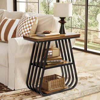 Tribesigns Beistelltisch, 3-Stufiger Nachttisch Schmal f&uuml;r kleine R&auml;ume, Industrie Sofa Tisch Holz f&uuml;r Wohnzimmer, Schlafzimmer, Eichebraun und Schwarz