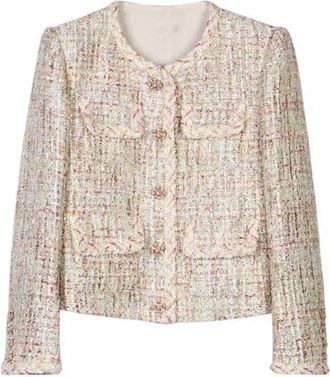 Generic Veste en tweed rayé pour femme - Col rond - Manches longues - Simple boutonnage - Vêtements dextérieur pour femme, 3, XL